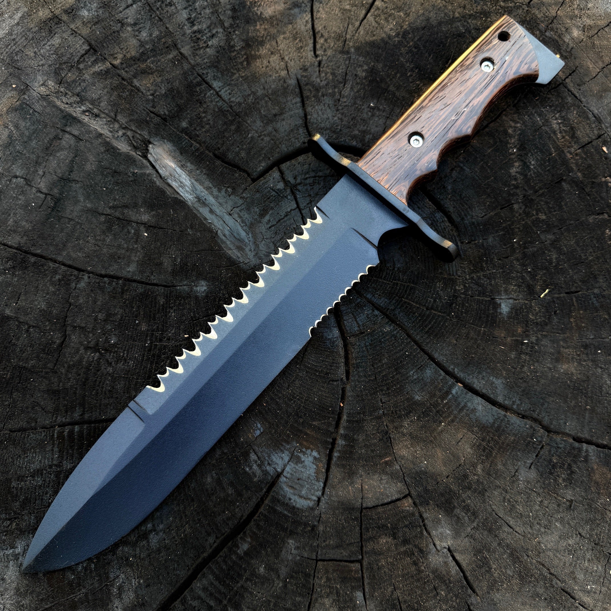 Serrated Back Bowie Knife – Handmade Full Tang Knife with Wood Handle ...